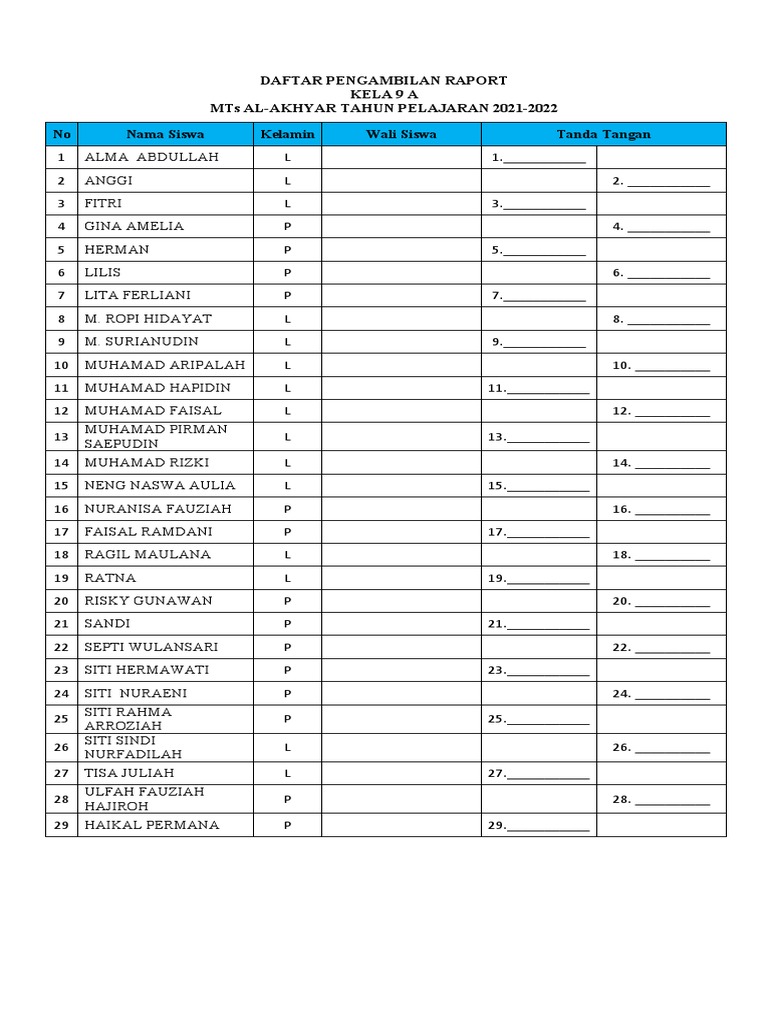 Daftar Pengambilan Raport | PDF