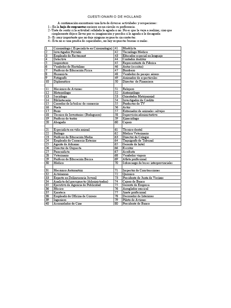 Test Holland (Cuestionario) | PDF