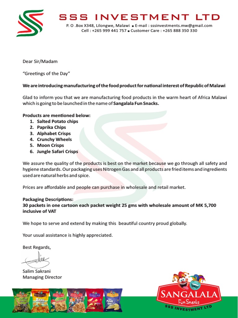 SSS Investment Introduction Letter | PDF | Cooking, Food & Wine