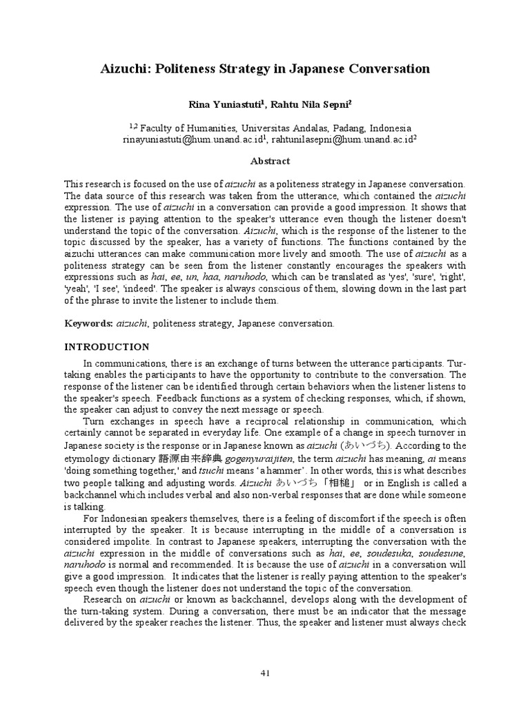 Aizuchi: Politeness Strategy in Japanese Conversation: Rina Yuniastuti ...