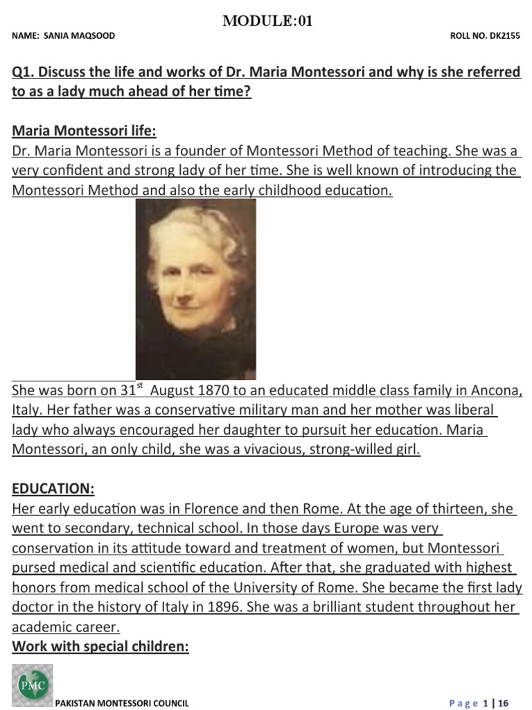 Q1. Discuss The Life and Works of Dr. Maria Montessori and Why Is She ...