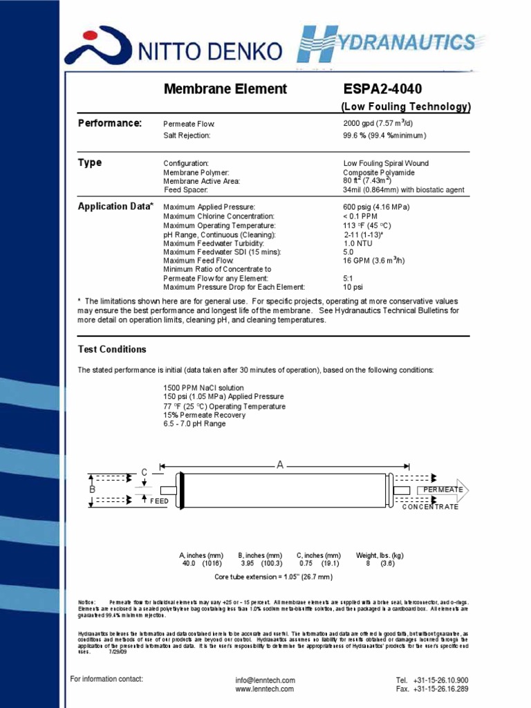 Hydranautics ESPA2 LD 4040 | PDF | Membrane | Sodium Chloride