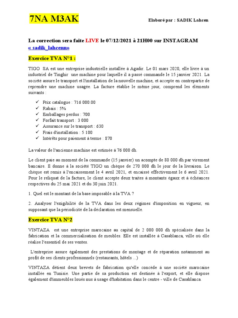Exercices TVA 2021 | Descargar gratis PDF | Facture | Chèque