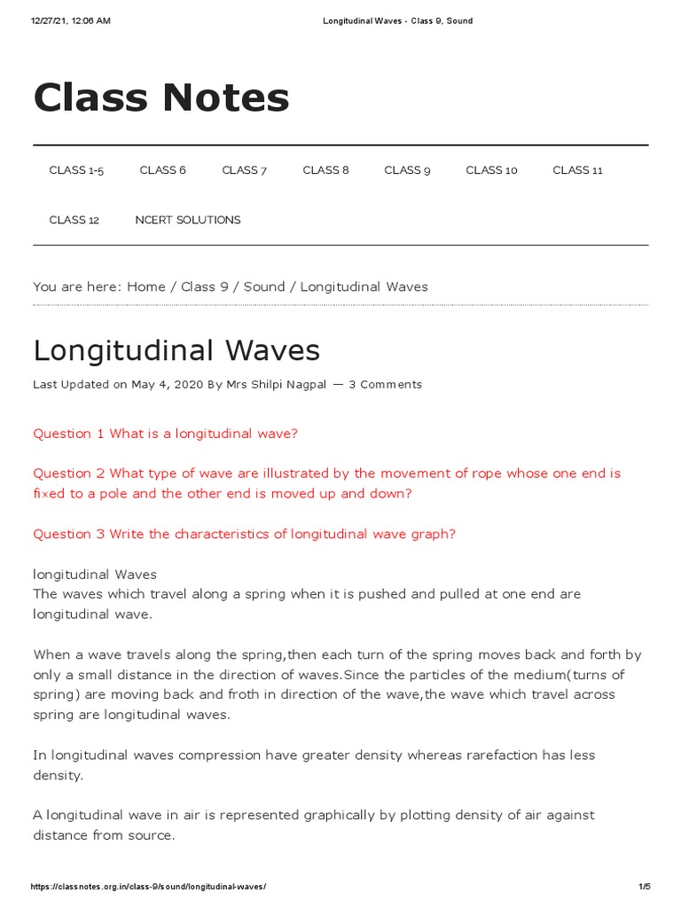 Longitudinal Waves - Class 9, Sound | PDF | Sound | Waves