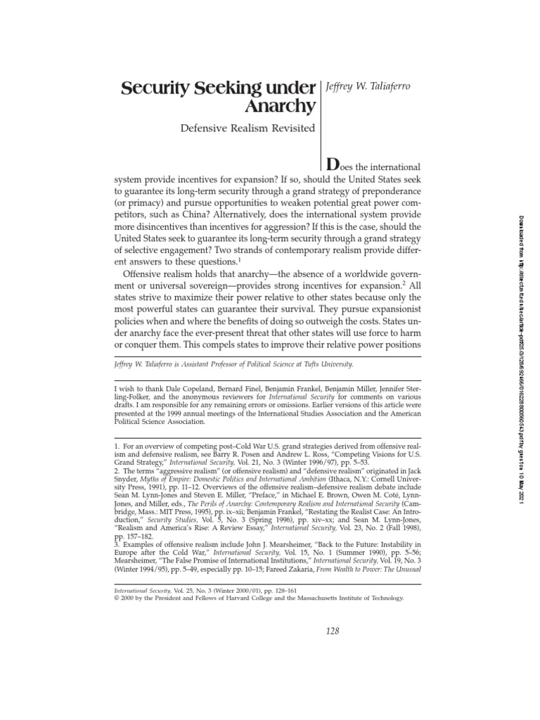 Security Seeking Under Anarchy D: Defensive Realism Revisited | PDF ...