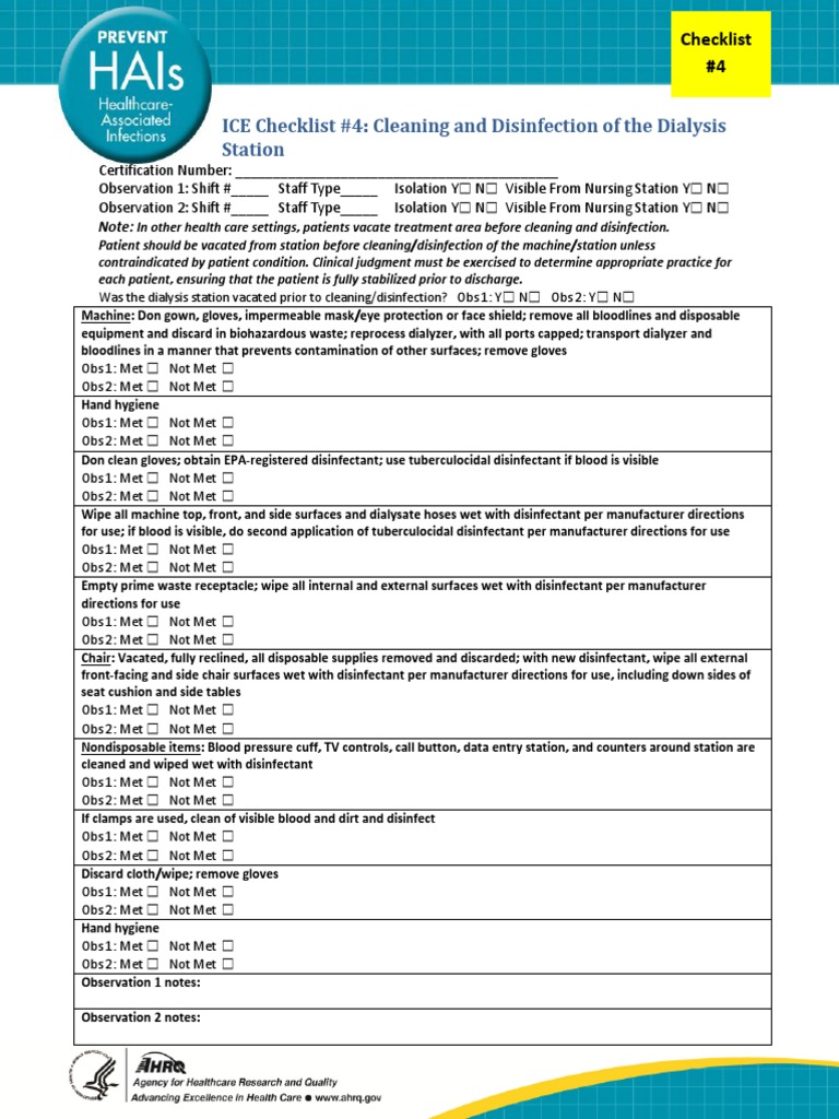 ICE Checklist #4: Cleaning and Disinfection of The Dialysis Station ...