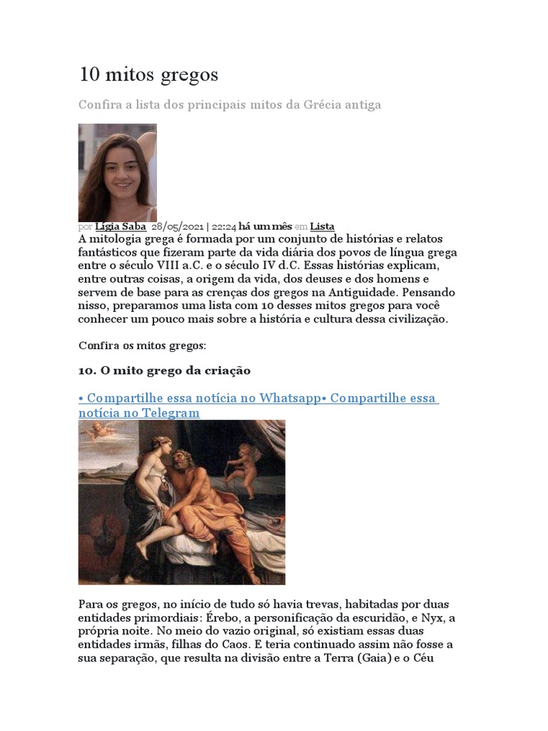 10 Mitos Gregos | PDF | Prometeu | Mitologia grega