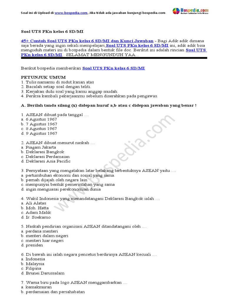 45+ Contoh Soal UTS PKN Kelas 6 SD MI Dan Kunci Jawaban | PDF