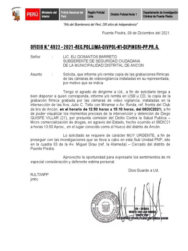 Oficio Solicita Grabaciones Filmicas | PDF