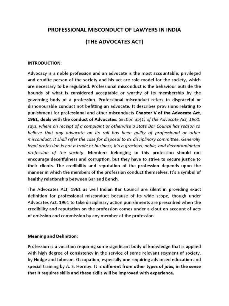 Professional Misconduct of Lawyers in India (The Advocates Act) | PDF ...