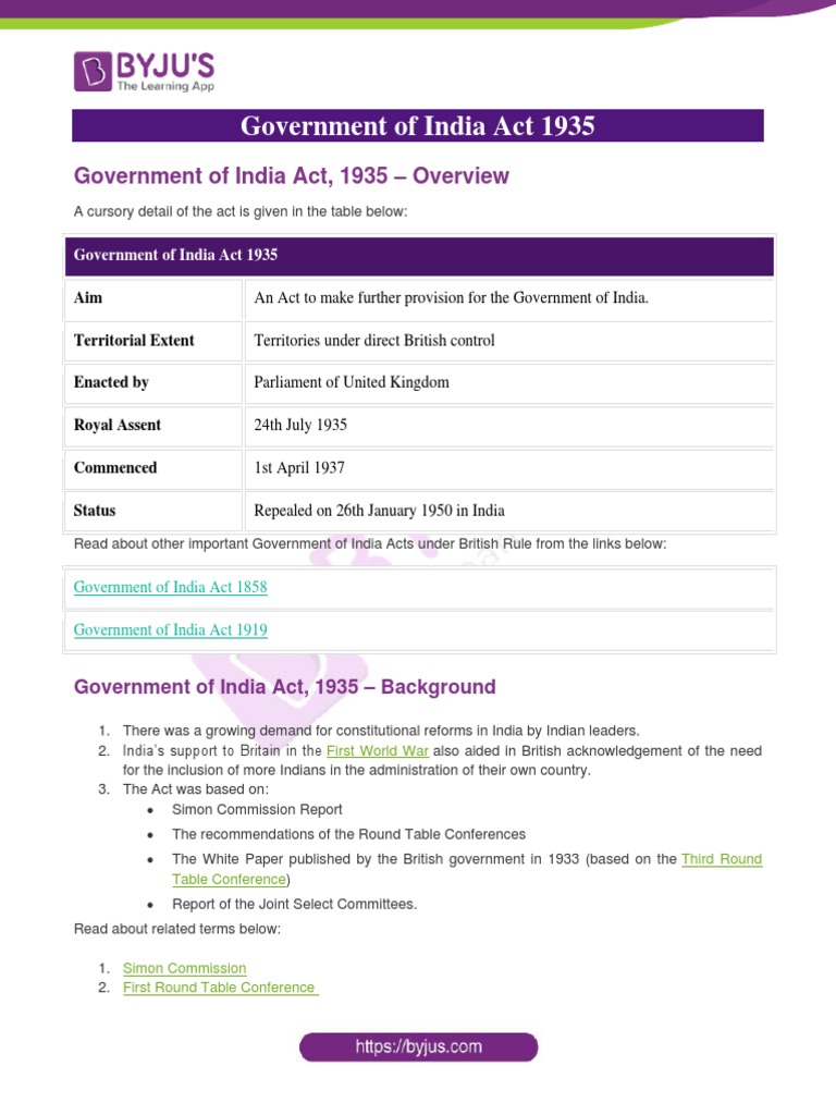 Overview of Government of India Act 1935 | PDF | British Raj | Social ...