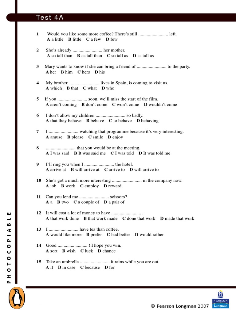 Test 4A: © Pearson Longman 2007 | PDF