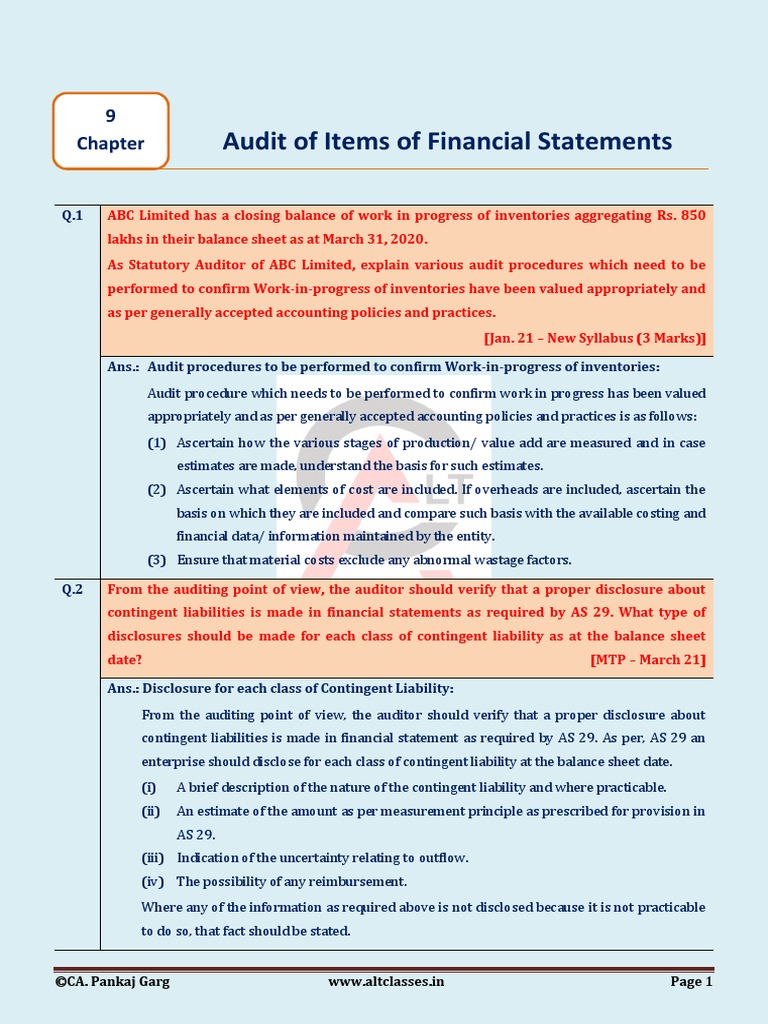 Audit of Items of Financial Statements: CA Inter - Auditing and ...