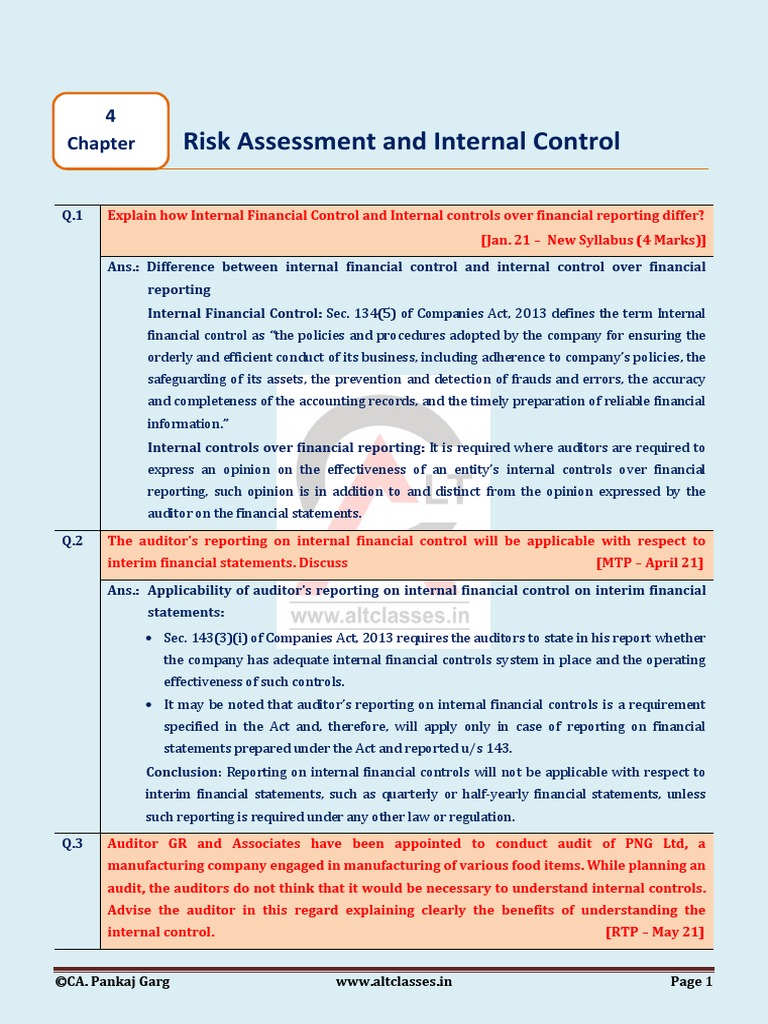 Risk Assessment and Internal Control: CA Inter - Auditing and Assurance ...