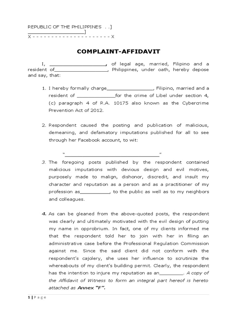 Affidavit Complaint-Cyberlibel Sample | PDF | Defamation | Affidavit