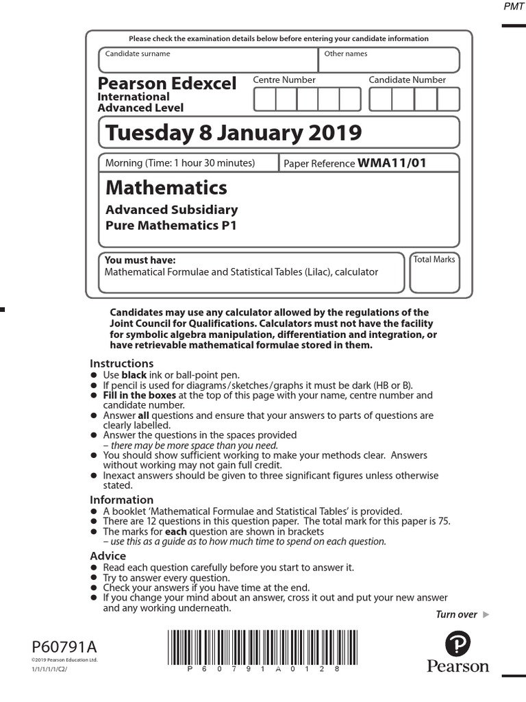 January 2019 (IAL) QP - P1 Edexcel | PDF | Mathematics | Theoretical ...
