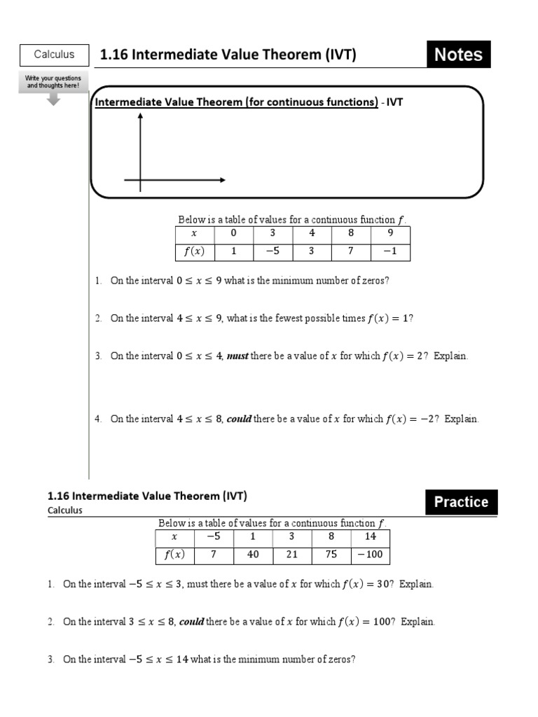 IVT Calculus Notes | PDF | Function (Mathematics) | Zero Of A Function