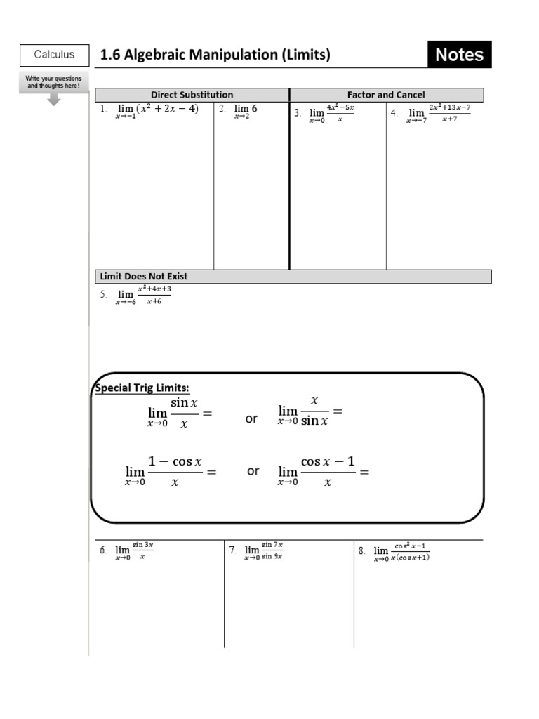 1.6 Algebraic Manipulation of Limits: Notes, Practice Problems, and ...