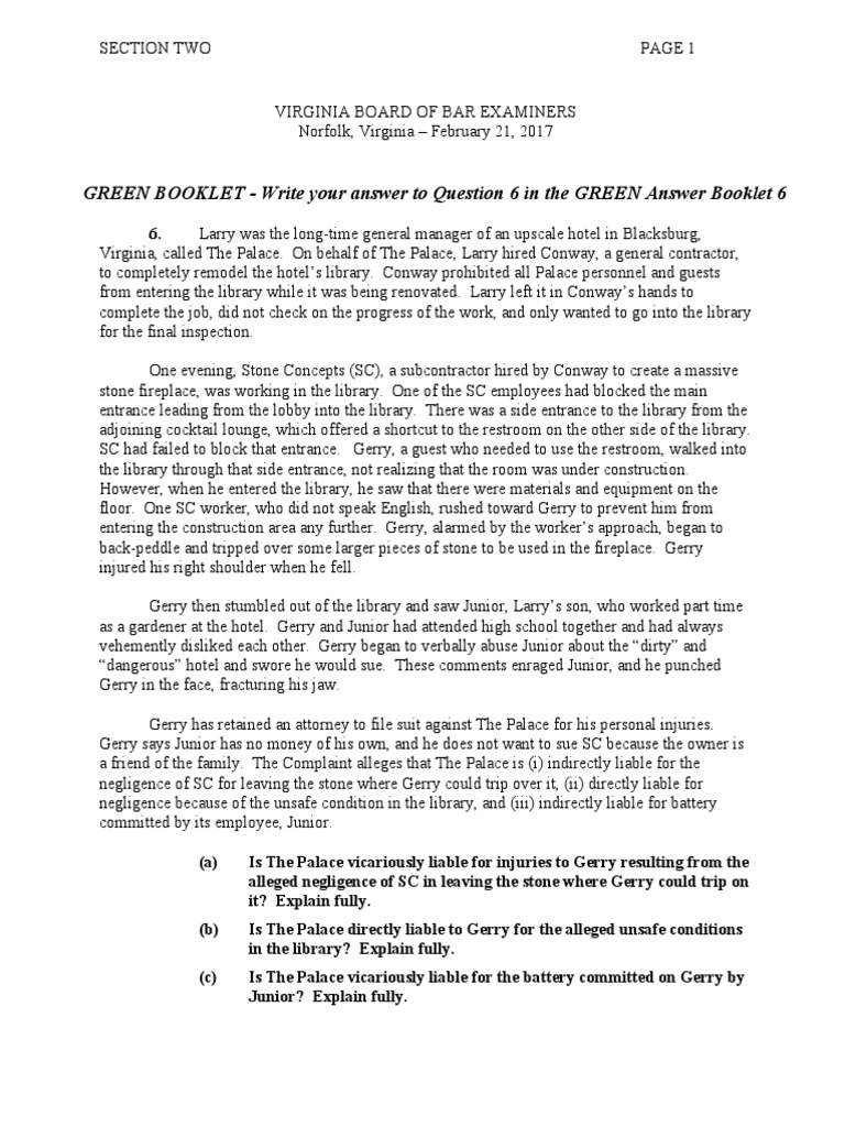 Virginia Bar Exam: Liability Cases Analysis | PDF | Testimony | Witness