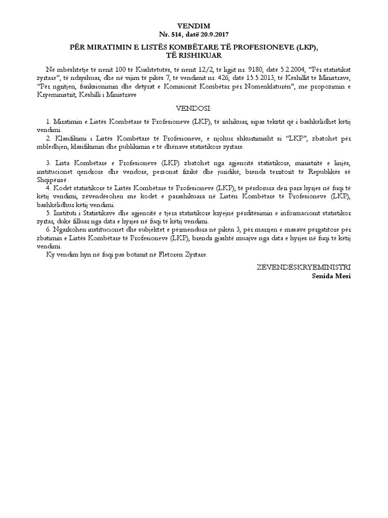 VKM Nr. 514, Date 20.9.2017 - Për Miratimin e Listës Kombëtare Të Profesioneve (LKP) | PDF