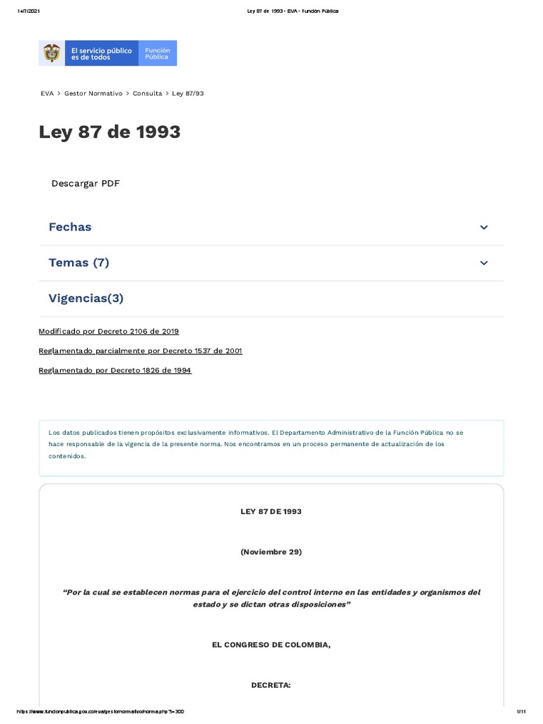 Ley 87 de 1993 - Control Interno | PDF | Contralor | Estado (política)