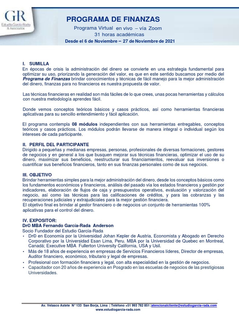 Brochure Nac - Programa de Finanzas Basicas - Noviembre - EGR | PDF | Presupuesto | Economias