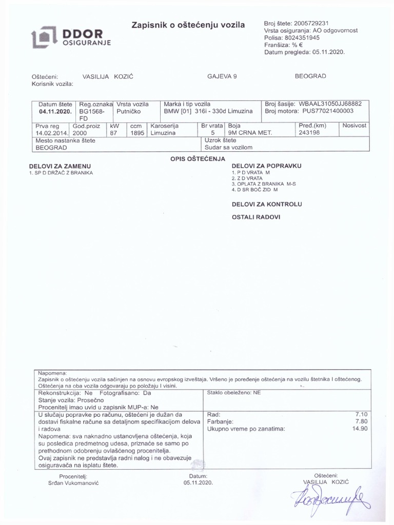 Zapisnik Od Ostecenju Vozila | PDF