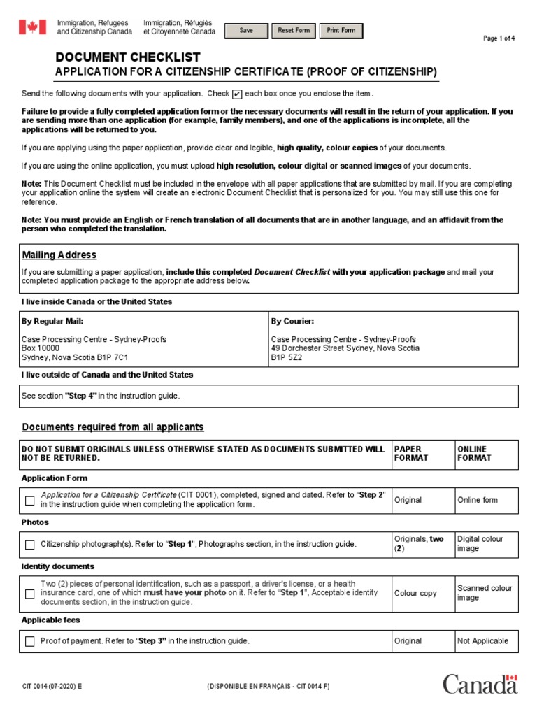 Document Checklist: Application For A Citizenship Certificate (Proof of ...