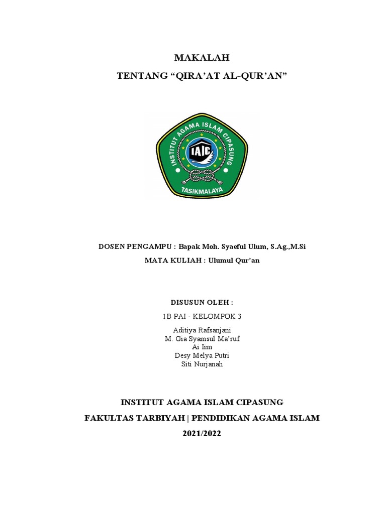 MAKALAH Ulumul Qur'an - 1B PAI KELOMPOK 3 - Ilmu Qiro'at | PDF