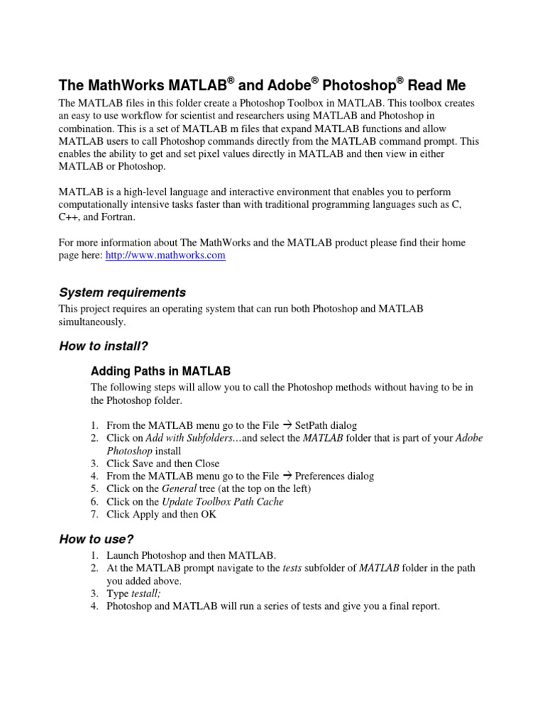 The Mathworks Matlab and Adobe Photoshop Read Me: System Requirements | Download Free PDF ...