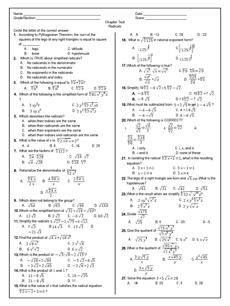 Chapter Test Radical | PDF | Mathematical Concepts | Elementary Geometry
