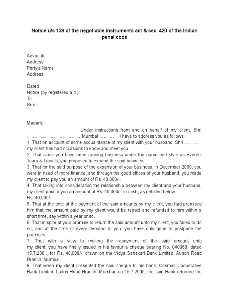 Notice Under Section 138 of The Negotiable Instruments Act and Section ...