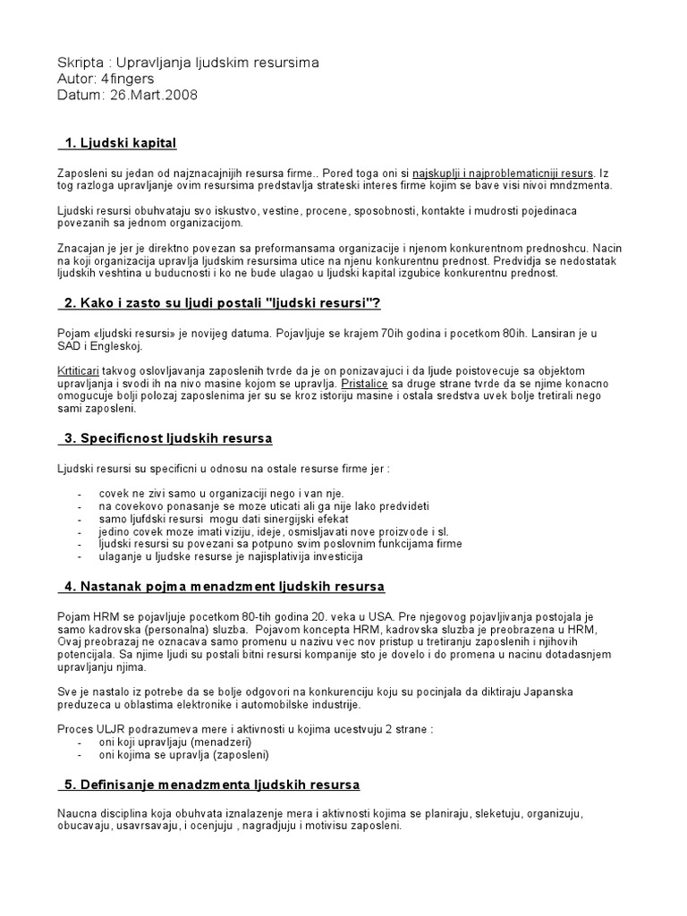 SKRIPTA - Upravljanje Ljudskim Resursima | PDF