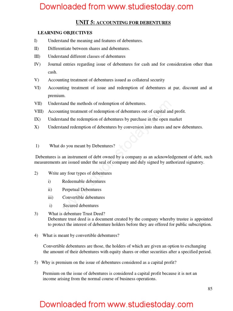 CBSE Class 12 Accountancy Accounting For Debentures Worksheet | PDF ...