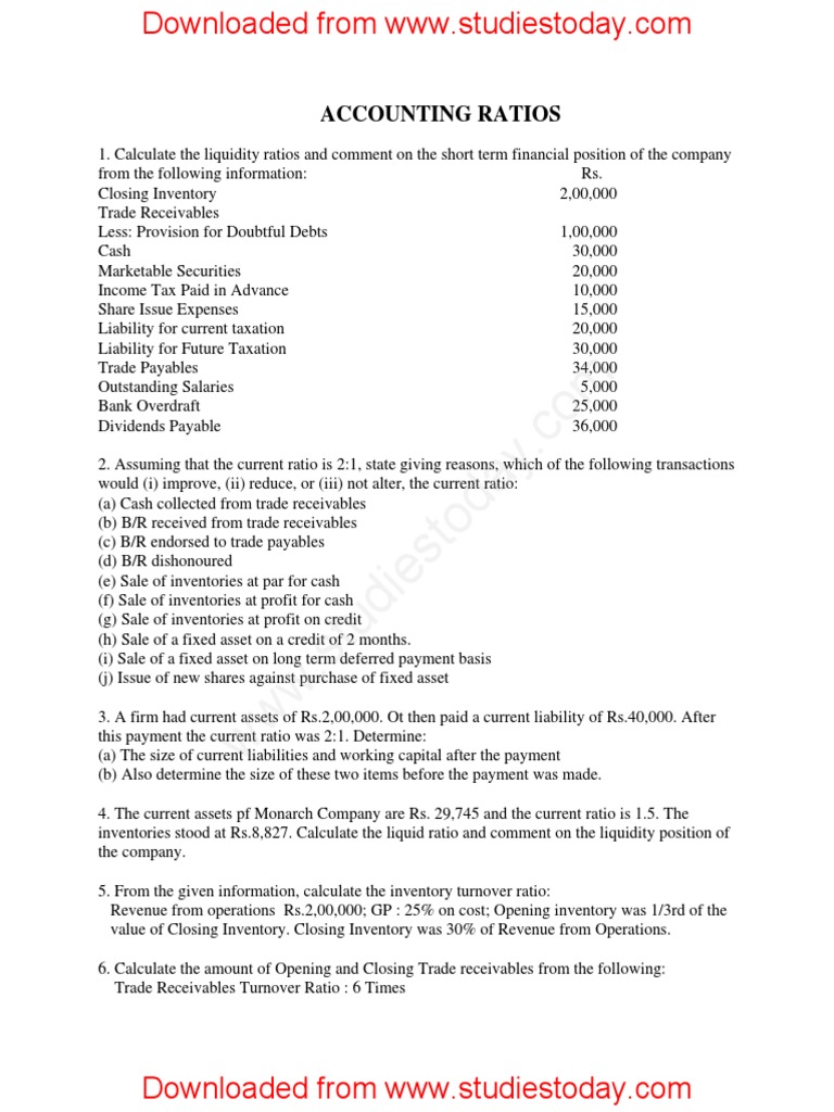 CBSE Class 12 Accountancy Accounting Ratios Worksheet | PDF | Revenue ...
