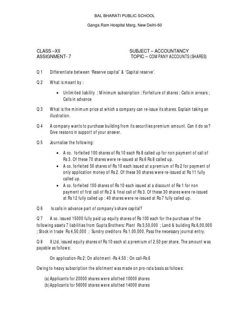 CBSE Class 12 Accountancy Company Accounts Worksheet Set A | PDF ...