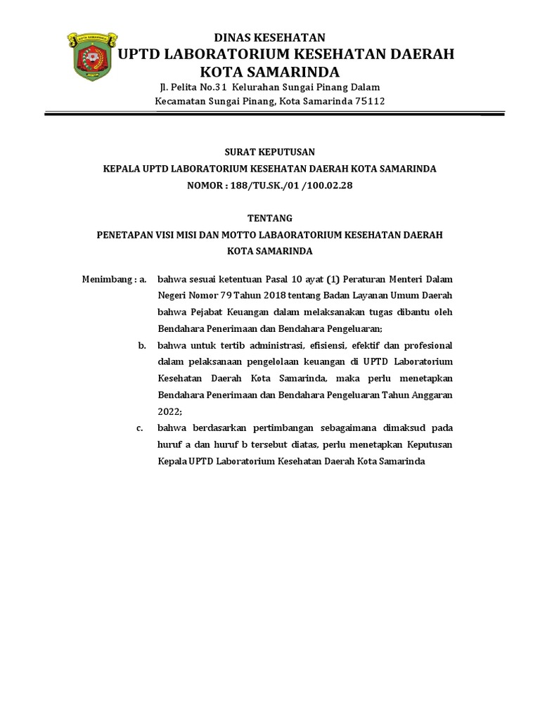 Visi Misi Laboratorium Kesehatan Samarinda | PDF