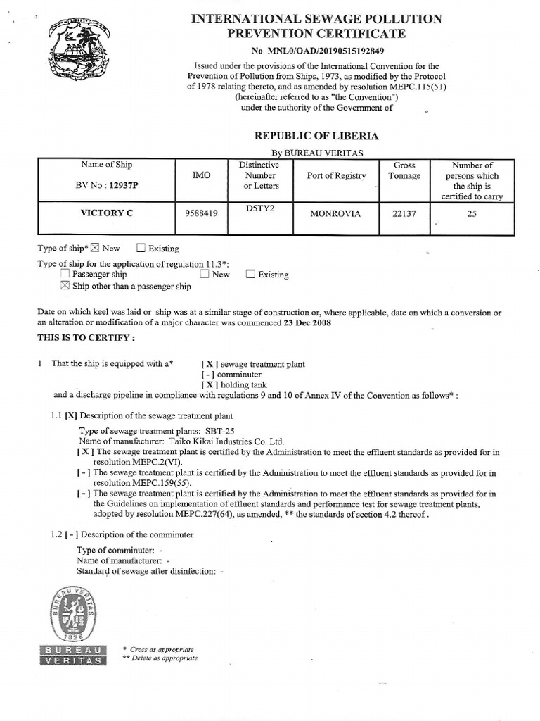 21.international Sewage Pollution Prevention Certificate-IsPP | PDF