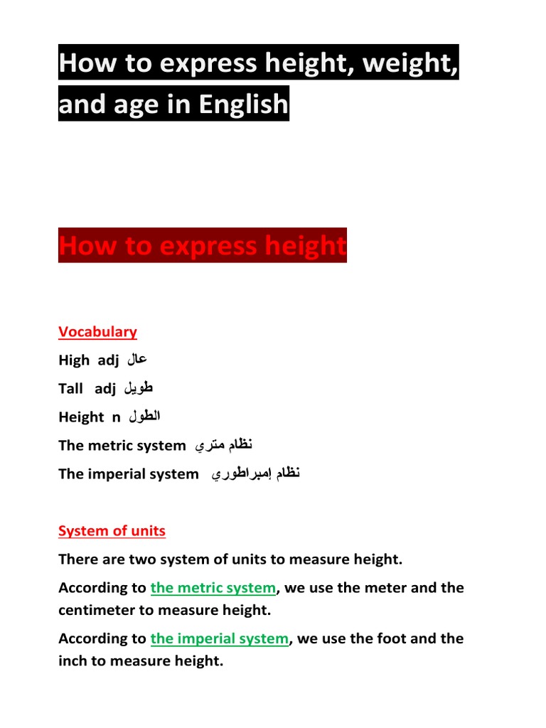 How To Express Height, Weight, and Age in English | PDF | Pound (Mass ...