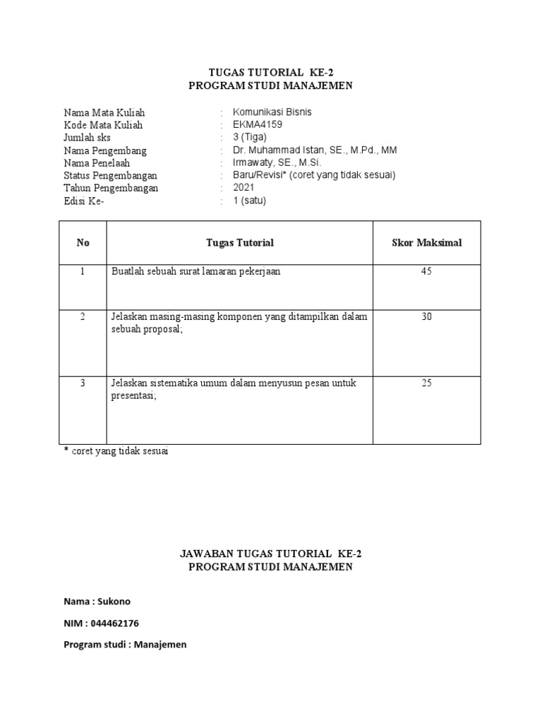 Jawaban TUGAS TUTORIAL KE-2 Komunikasi Bisnis - F | PDF | Karier & Perkembangan