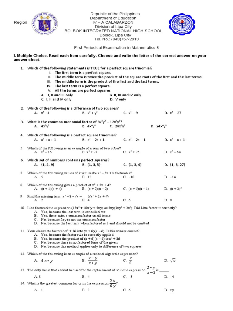 Grade 8 Math 1st Periodical Test | PDF | Mathematics | Mathematical ...