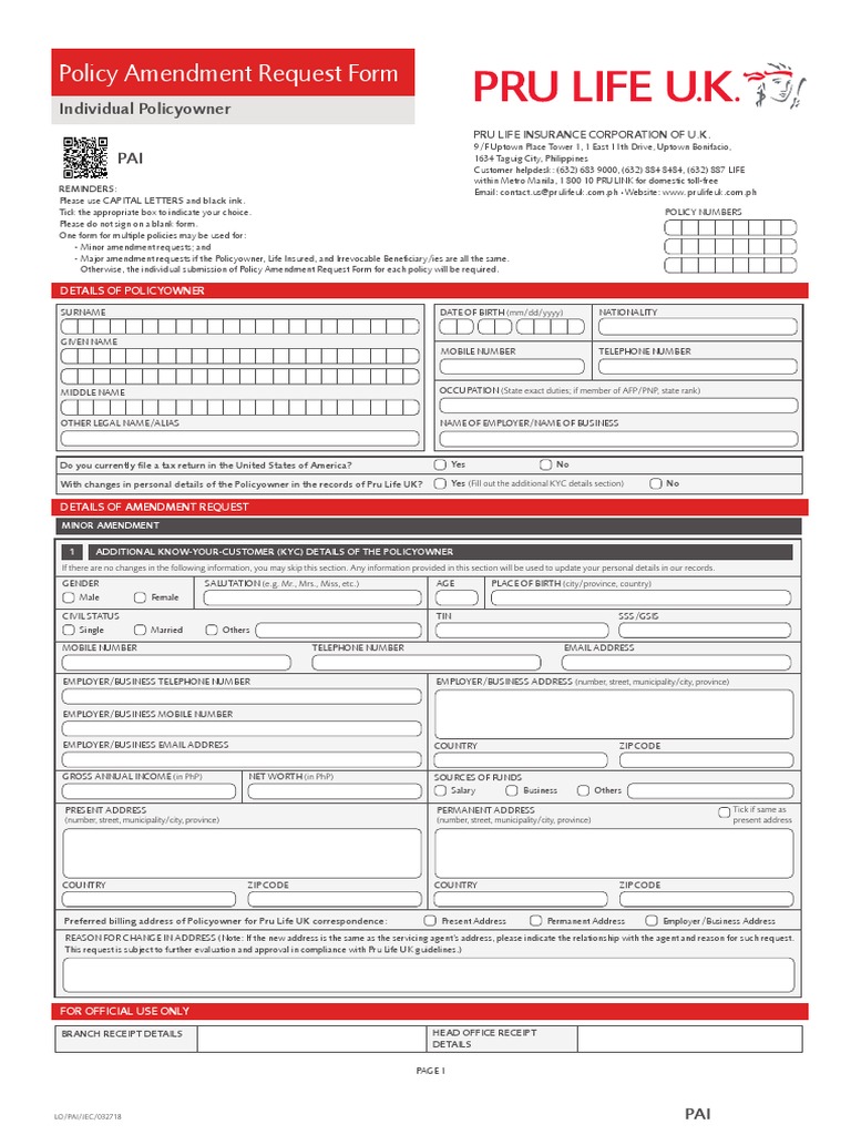 Policy Amendment Request Form PARF For Individual Policyowner | PDF ...