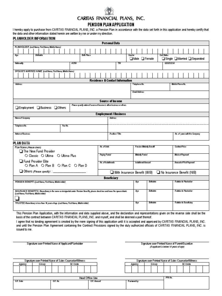 Caritas Pension Plan Application Form | PDF | Insurance | Pension
