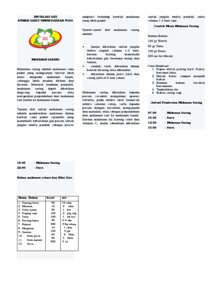 Menu Makanan Saring untuk Pasien | PDF