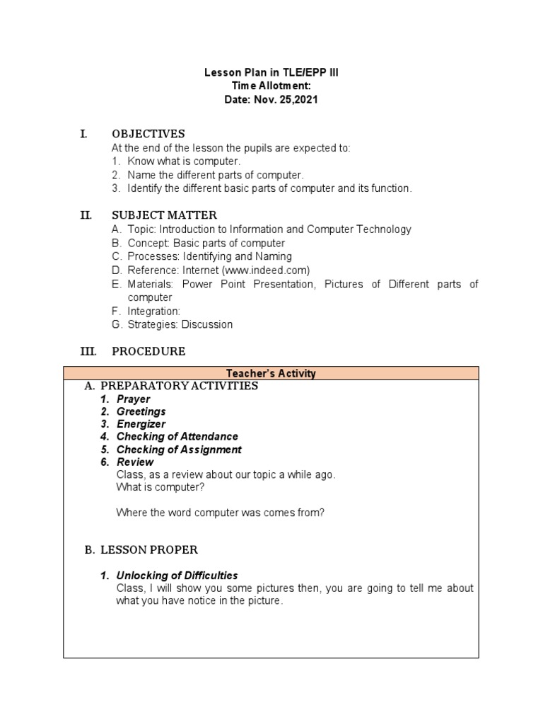 Tle-Epp - Lesson Plan | PDF | Computing | Computer Architecture