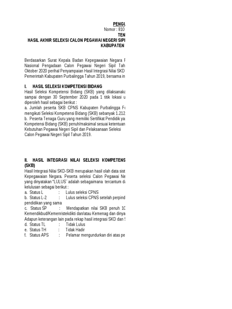 Pengumuman Kelulusan CPNS Kab Purbalingga Formasi 2019-Dikonversi | PDF