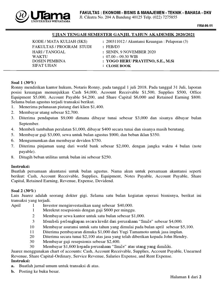 Soal UTS Akuntansi Pelaporan - Yogo | PDF