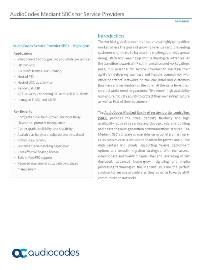 Audiocodes Mediant Sbcs For Service Providers | PDF | Session ...