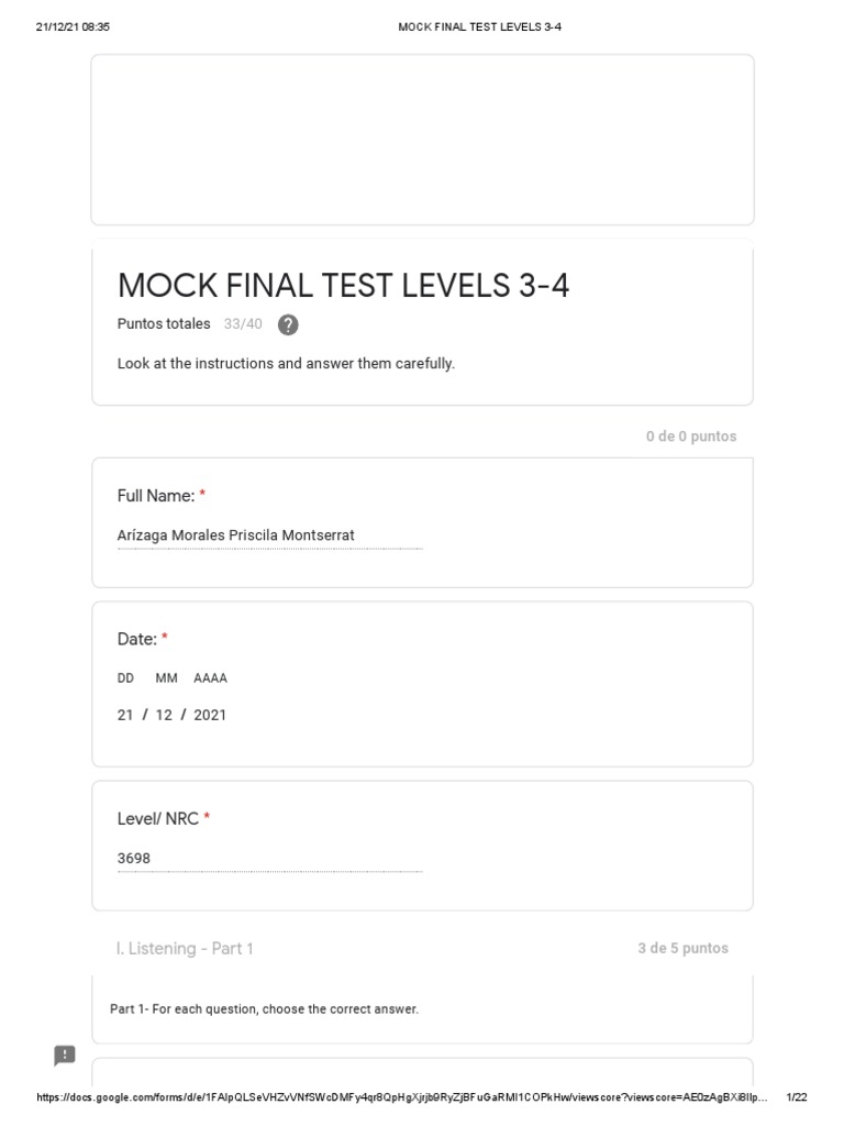 Mock Final Test Levels 3-4: Puntos Totales Look at The Instructions and ...