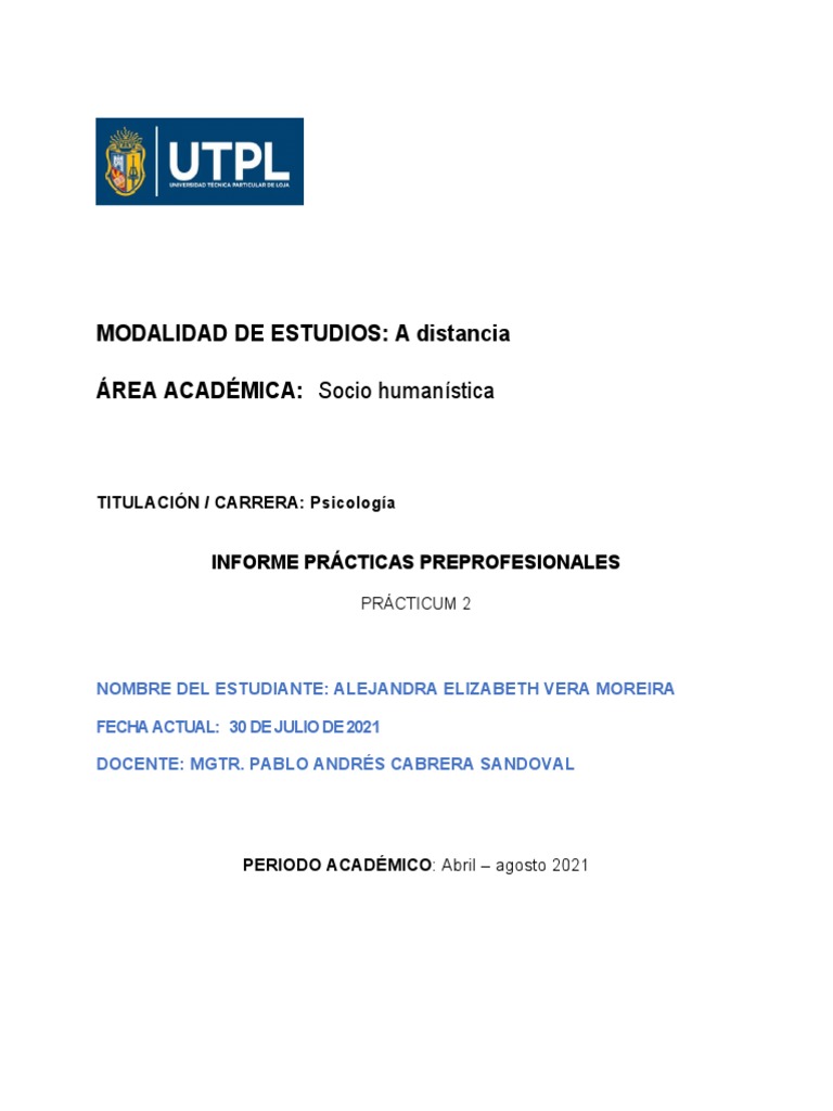 Informe UTPL Practicum 2 - Alejandra Vera | PDF | Evaluación | Aprendizaje